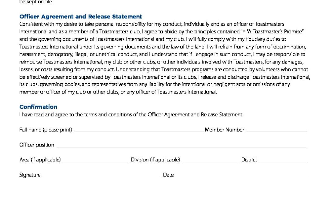 Officer Agreement and Release Form | District 7 Toastmasters